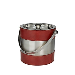 The Novogratz Leather Handmade Ice Bucket with Lid, 8" x 7" x 12", Red