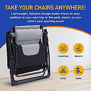 SereneLife, Gray and Black Foldable Outdoor Zero Gravity Padded Lawn Chair, Adjustable Steel Mesh Recliners, w/Removable Pillows and Cup Holder Side Tables, One Size