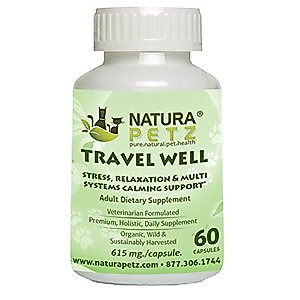 Natura Petz Organics Travel Well Calming and Stress Supplements for Adult Dogs and Cats, 615mg