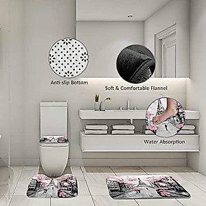 DIYCAM 4 Piece Eiffel Tower Pink Shower Curtain Set with Non-Slip Rugs, Toilet Lid Cover and Bath Mat, Shower Curtain with 12 Hooks, Durable Waterproof Bathroom Decor Set