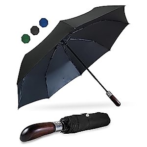 ALFROTEY Compact Travel Umbrella with Real Wood Ergonomic Handle Portable Automatic Open and Close Windproof Umbrella for Rain Small Folding Car Umbrella (Black, M)
