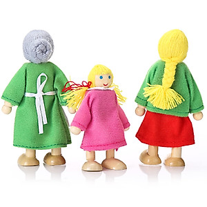 Jzszera Wooden Dollhouse Family Set of 7, Mini Figures for Pretend Play, Classic Doll House Accessories for Kids & Toddlers