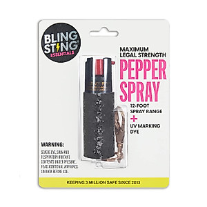 BLINGSTING Essentials Maximum Strength Pepper Spray Keychain for Women, 12-Foot Spray Range, UV Marking Dye - Glitter Sparkles