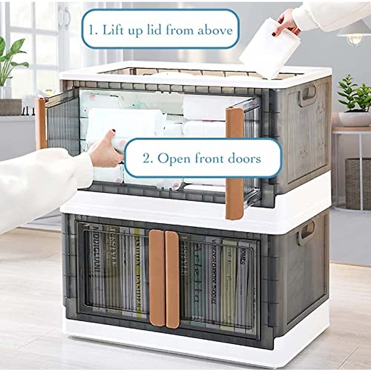 Storage Bins With Lids - JUST AMAZING DEALS Stackable Storage Bins with Front Opening Doors and Top Lids for DUAL ACCESS, Collapsible, Portable, Closet Office Bedroom Craft Toy Storage (8.5 gallon / 32 litre)