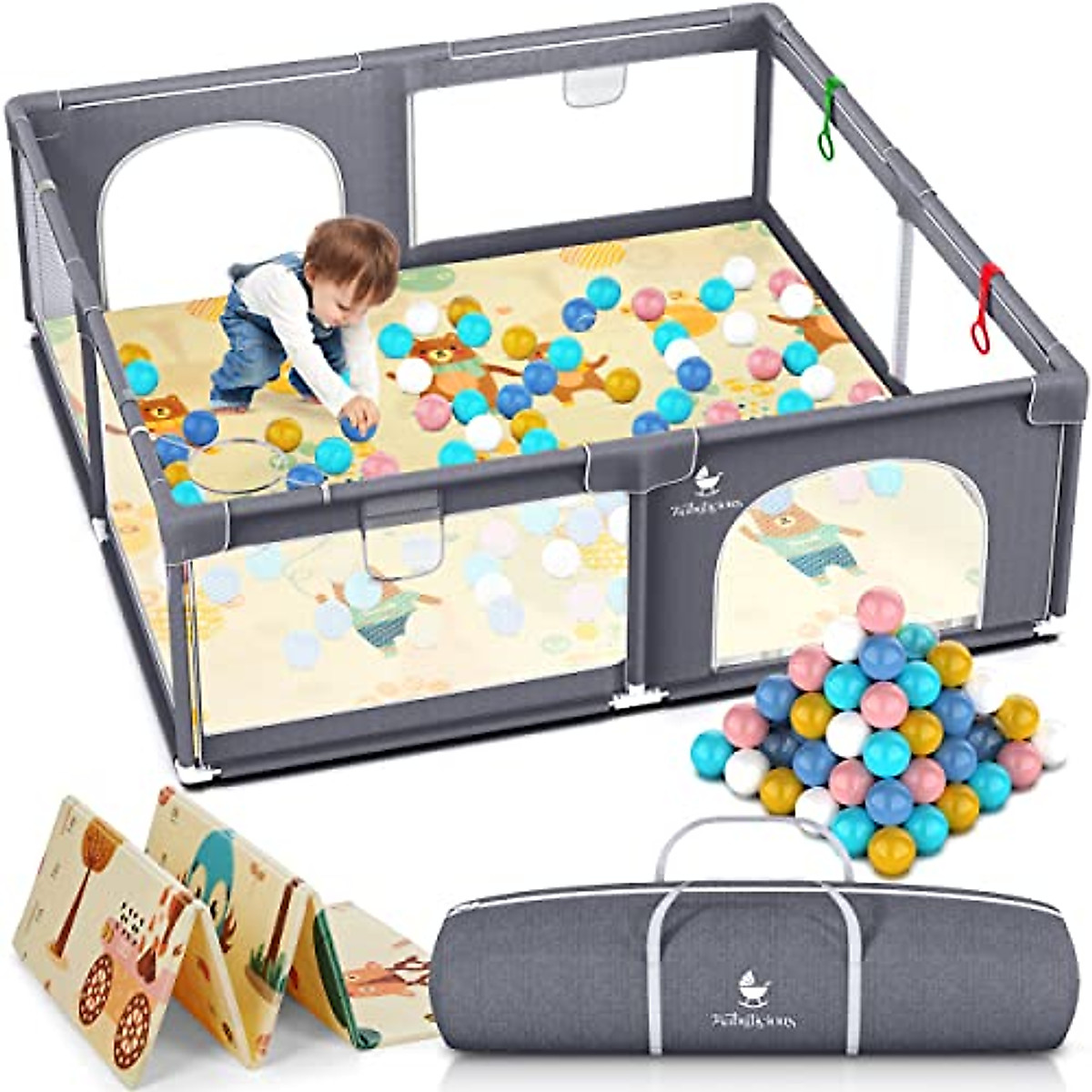 Baby Playpen with Full Play Mat for Babies and Toddlers - Cozy Play Yard with Gate, Fence, Game Balls & Carry Bag - Indoor or Outdoor - 72 x 60 Inch Play Area - Large Cuddlepen by Babylicious