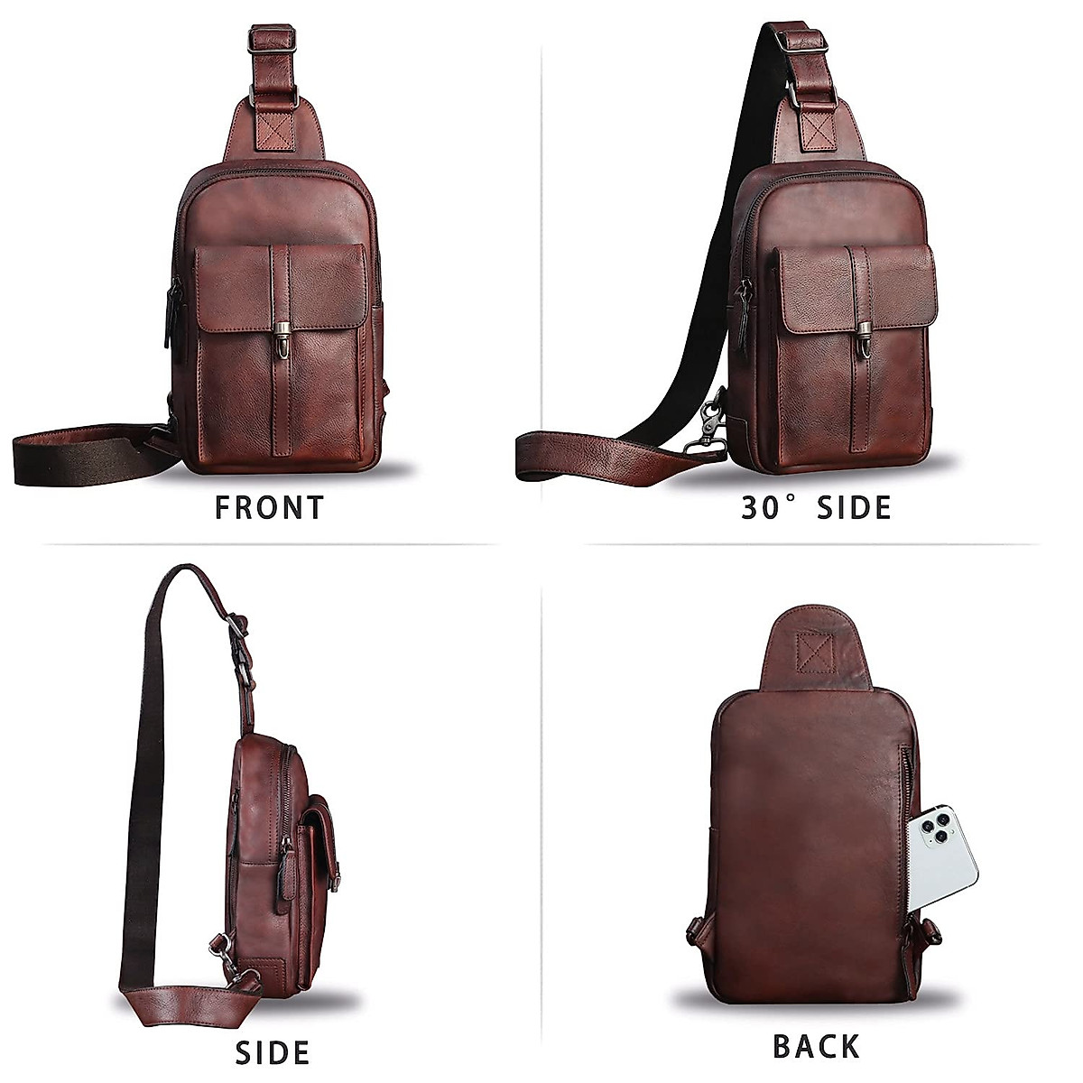IVTG Genuine Leather Sling Bag Casual Shoulder Hiking Backpack Vintage Handmade Crossbody Bag Retro Chest Daypack (Coffee)
