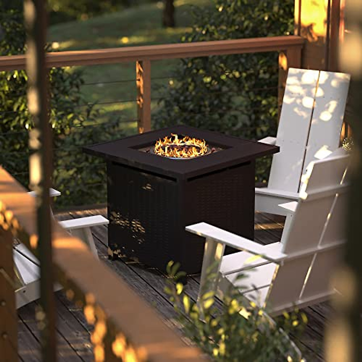 Flash Furniture Olympia 50,000 BTU Outdoor Propane Gas Fire Pit Table - Black Stainless Steel Tabletop and Steel Wicker Detail Base - 28" Square - Included Lava Rocks