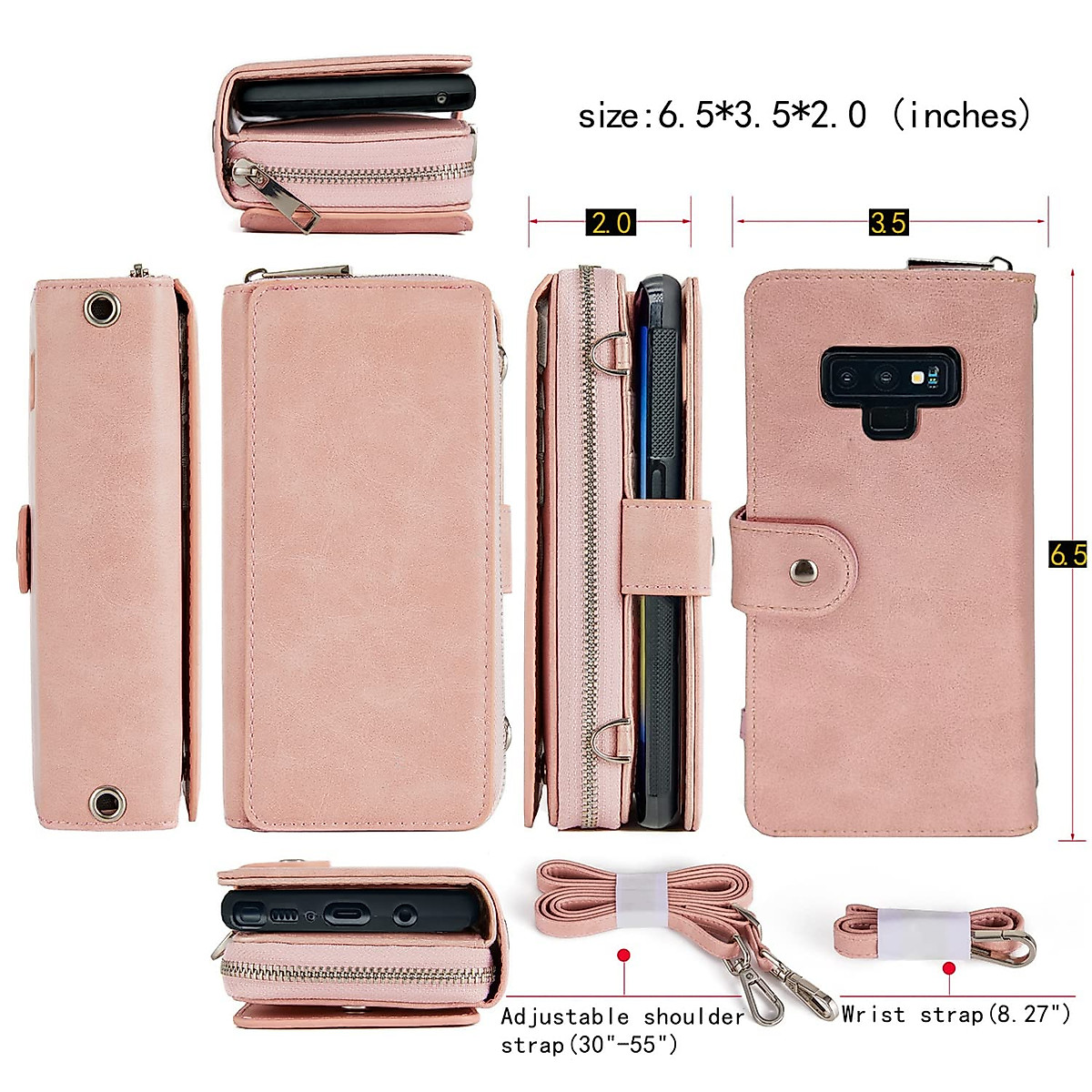 MODOS LOGICOS Crossbody Bag for Samsung Galaxy Note 9 6.4", [Shoulder Wrist Straps] [Zipper Storage] [11 RFID Card Slots 3 ID Window] PU Leather Purse with Removable Inner Magnetic TPU Case - RoseGold