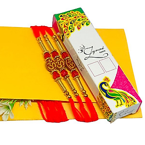 ZYRENA Set of 3 OM Rakhi for Brother Bhaiya Bhabhi, Gift Rakhi for Family, Raksha Bandhan Festival Rakhi for Bhaiya and Bhabhi, Oval Om Pendant with Rudraksha and Golden Beads Rakhi Thread