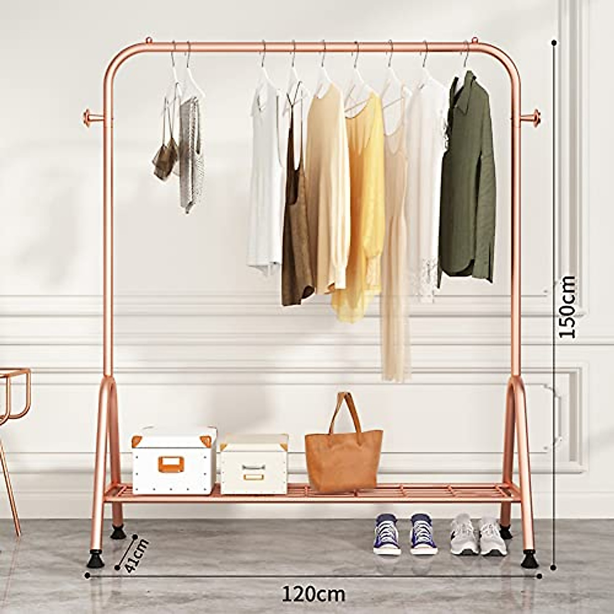AKDXM Metal Hanger Drying Rack Independent Coat Rack Weighing 90Kg Clothes Rail with Rail 4 Hooks Multifunctional Practical Bedroom Single-Pole Hanger Suitable Small Spaces,Rose Gold,120x41x150cm
