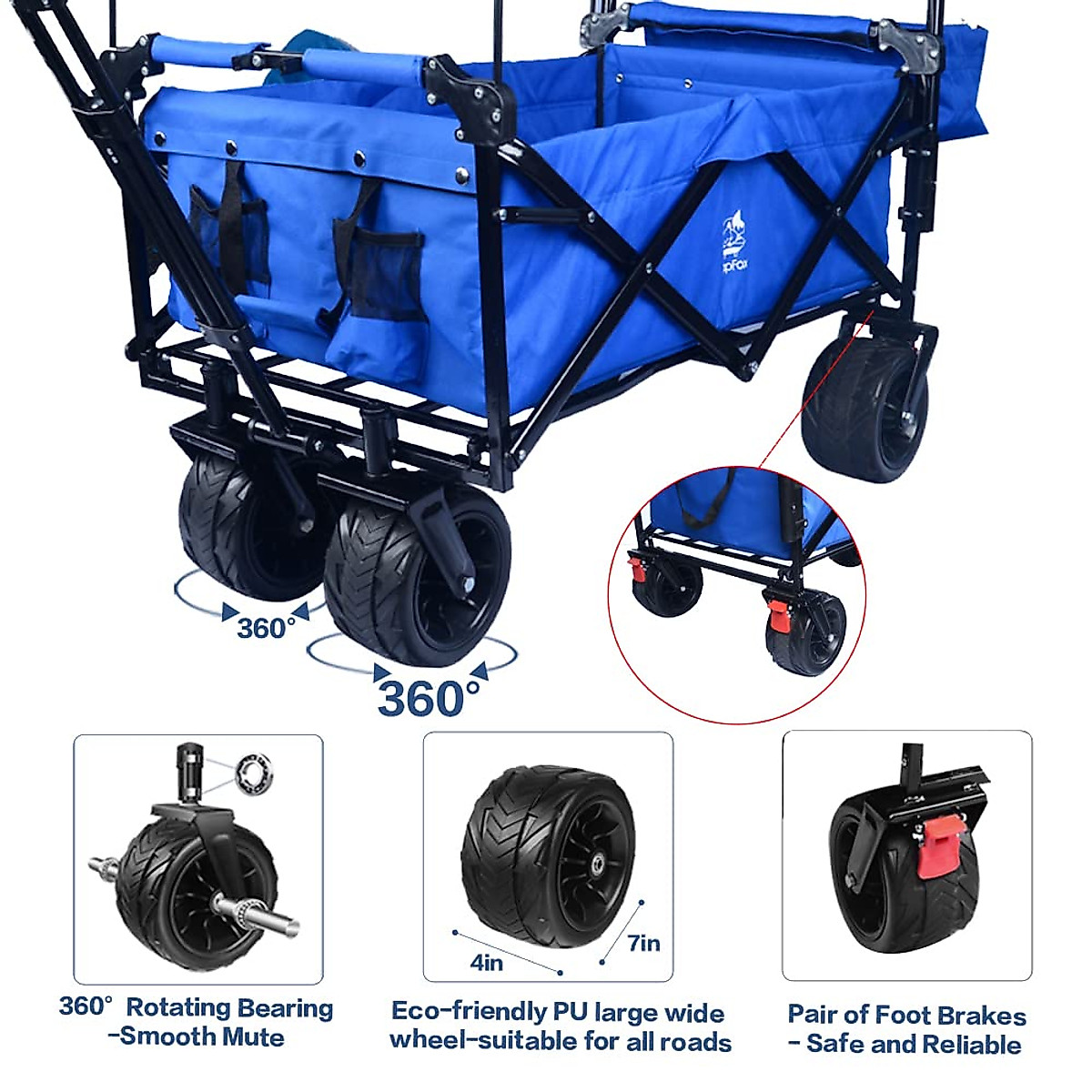 Collapsible Wagon Heavy Duty Folding Wagon Cart with Removable Canopy, 4" Wide Large All Terrain Wheels, Brake, Adjustable Handles,Cooler Bag Utility Carts for Outdoor Garden Wagons Carts Beach Cart