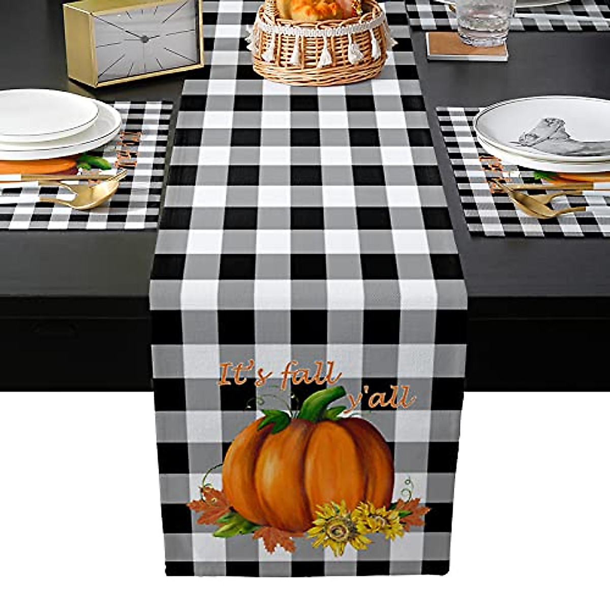 Linen Burlap Table Runner and Placemats-It's Fall Y'all Pumpkin Sunflower Maple Leaf on Black White Buffalo Plaid,Heat-Resistant Washable Placemats Set of 6 with Runner for Dining Table Farmhouse