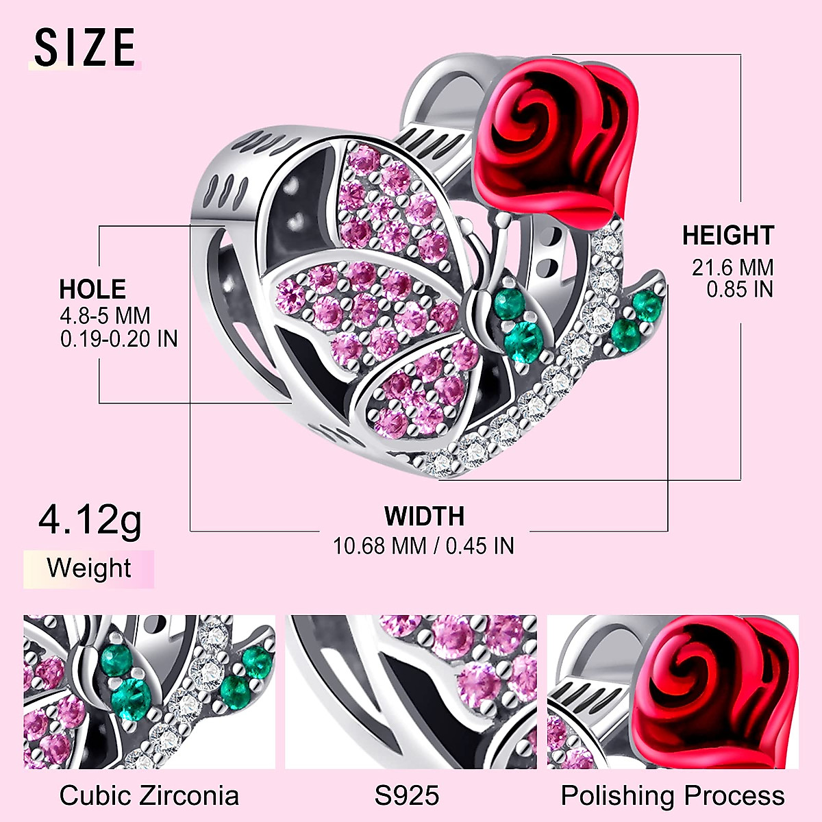 NINGAN June-Rose &Butterfly Birth Charm for Bracelets 925 Sterling Silver Pendant Bead with Cubic Zirconia Birthday Jewelry Gifts for Women Wife Mom Her