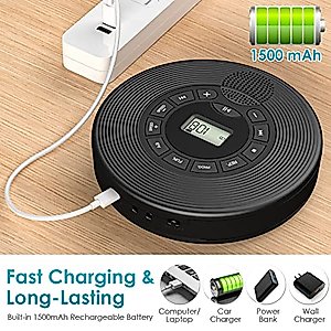 KOVCDVI Portable CD Player for Car Bluetooth CD Player with Speakers 1500mAh Rechargeable Battery Personal CD Players with Display Headphones Memory Function PROG Repeat Mode Supports USB MP3 AUX Play