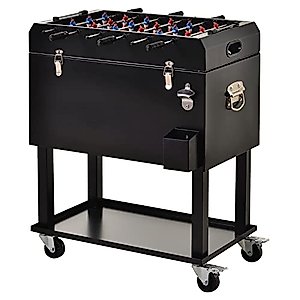 Outsunny 68QT Patio Cooler Ice Chest with Foosball Table Top, Portable Poolside Party Bar Cold Drink Rolling Cart on Wheels with Tray Shelf