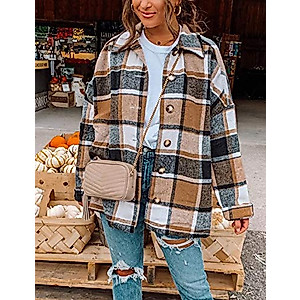 Lentta Women's Flannel Plaid Shacket Jacket Casual Fall Wool Blend Button Up Shirt Coat(Khaki-S)