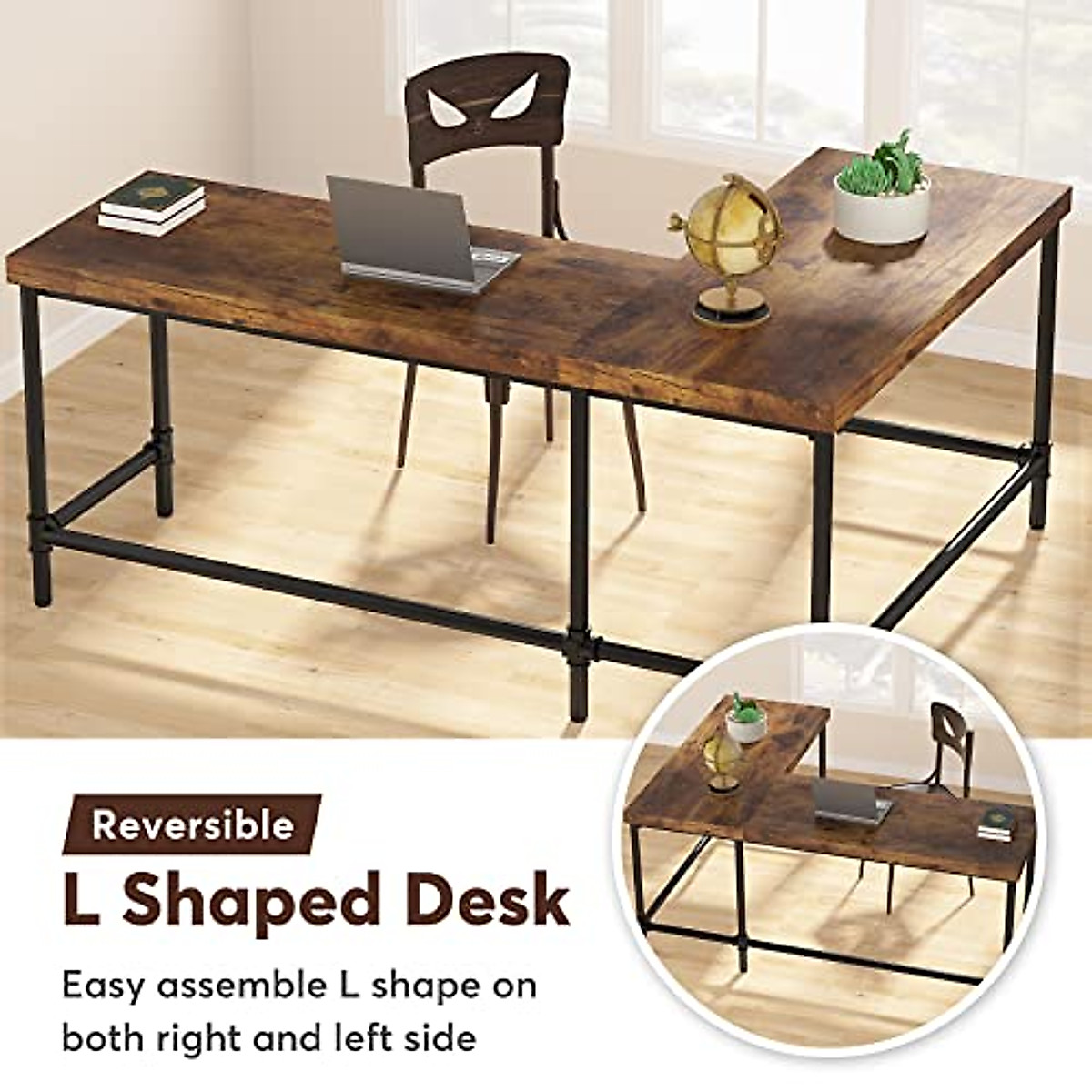 Tribesigns L-Shaped Desk, 67 inch Industrial Reversible Corner Computer Office Desk PC Laptop Study Table Workstation with Metal Pipe Legs for Home Office (Rustic Brown)
