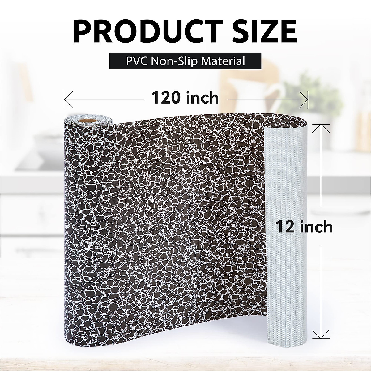 FIFTY FEET 12X120 Inch Shelf Liner with Scissor & Tape Measure for Kitchen Cabinets, PVC Drawer Liner for Dresser Non-Slip Bathroom, Non-Adhesive Cabinet Liner Washable (Black Crack)