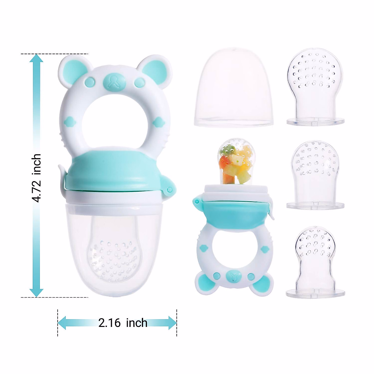 Baby Fruit Food Feeder Pacifier - Fresh Food Feeder, Infant Fruit Teething Teether Toy for 3-24 Months, 6 Pcs Silicone Pouches for Toddlers & Kids & Babies, 2-Pack (Cyan)