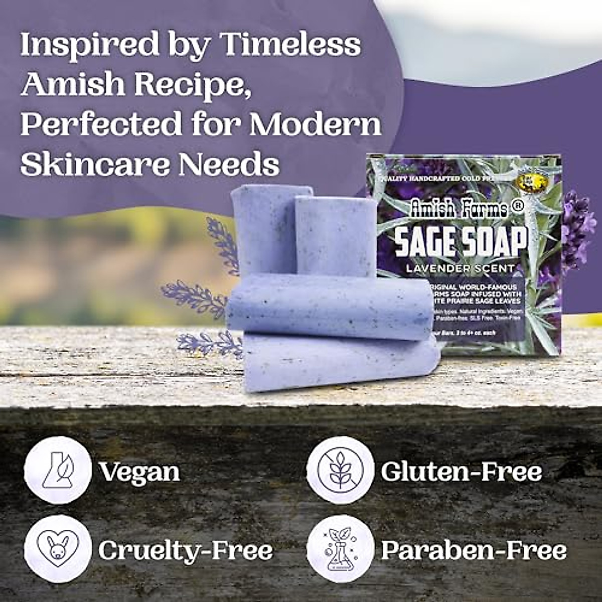 Amish Farms Natural Soap Bar, Exfoliating Sage, Lavender Scent, Made in USA - Vegan Face & Body Soap Scrub for Sensitive Skin - No Parabens or SLS Soap, Handmade Soap (4 Bars)