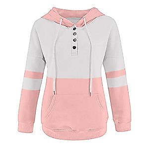 Winnerlion Hoodies Pullover for Womens Button Down Drawstring Hooded Pocket Casual Long Sleeve V Neck Sweatshirts (Pink, S)