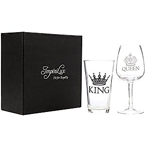 King Beer & Queen Wine Glass Set | Beautiful Gift for Newlyweds, Engagements, Anniversaries, Weddings, Parents, Couples, Christmas - Novelty Drinking Glassware (King Beer & Queen Wine Glass Set)