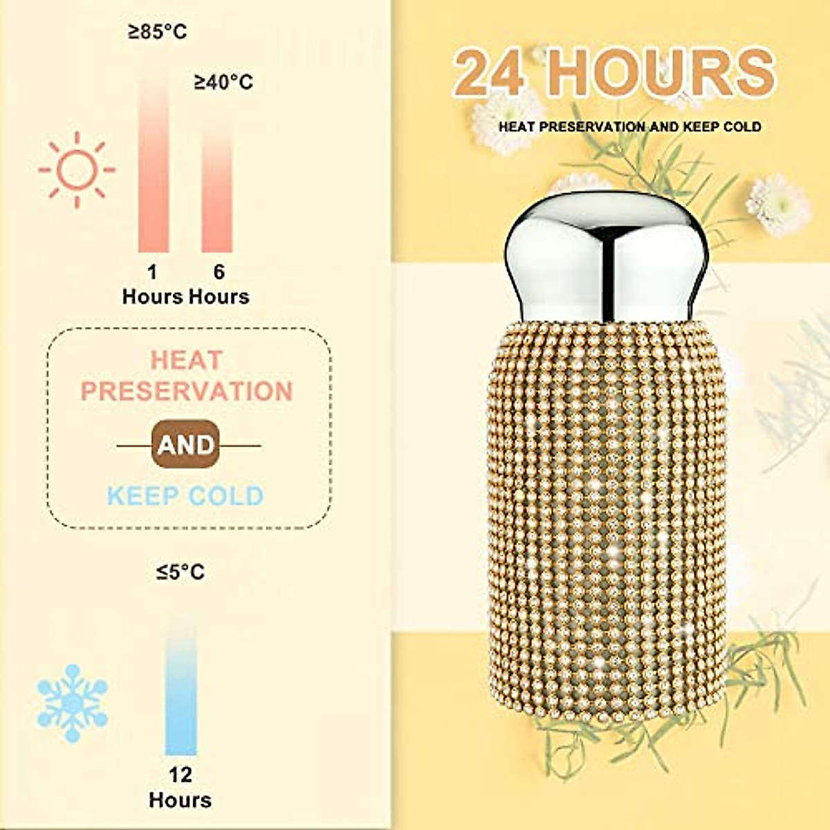 Diamond Thermos Bottle for Womens, Diamond Water Bottle Bling Rhinestone Small Cute 200ML Stainless Steel Vacuum Flask Sparkling Refillable Metal Insulated Glitter Thermal Bottle (Gold)