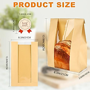 ROLYTA 50 Pack Bread Bags for Homemade Bread,Large Kraft Paper Loaf Bag with Window and Label Seal Stickers,13.8x8.3x3.94 Inch Large Kraft Paper Bakery Bag for Baked Toast Food Packing Storage