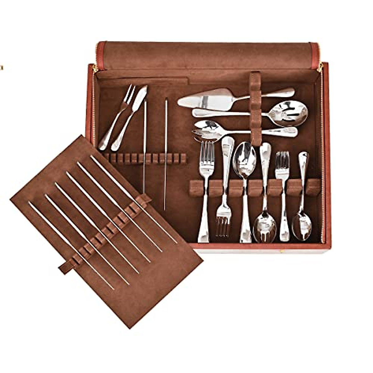 AdirHome Kitchen Silverware Utensil Holder, Leather Storage Box with Organizer Tray for Kitchen Tools Accessories Flatware Cutlery Set Knife Holder, Brown