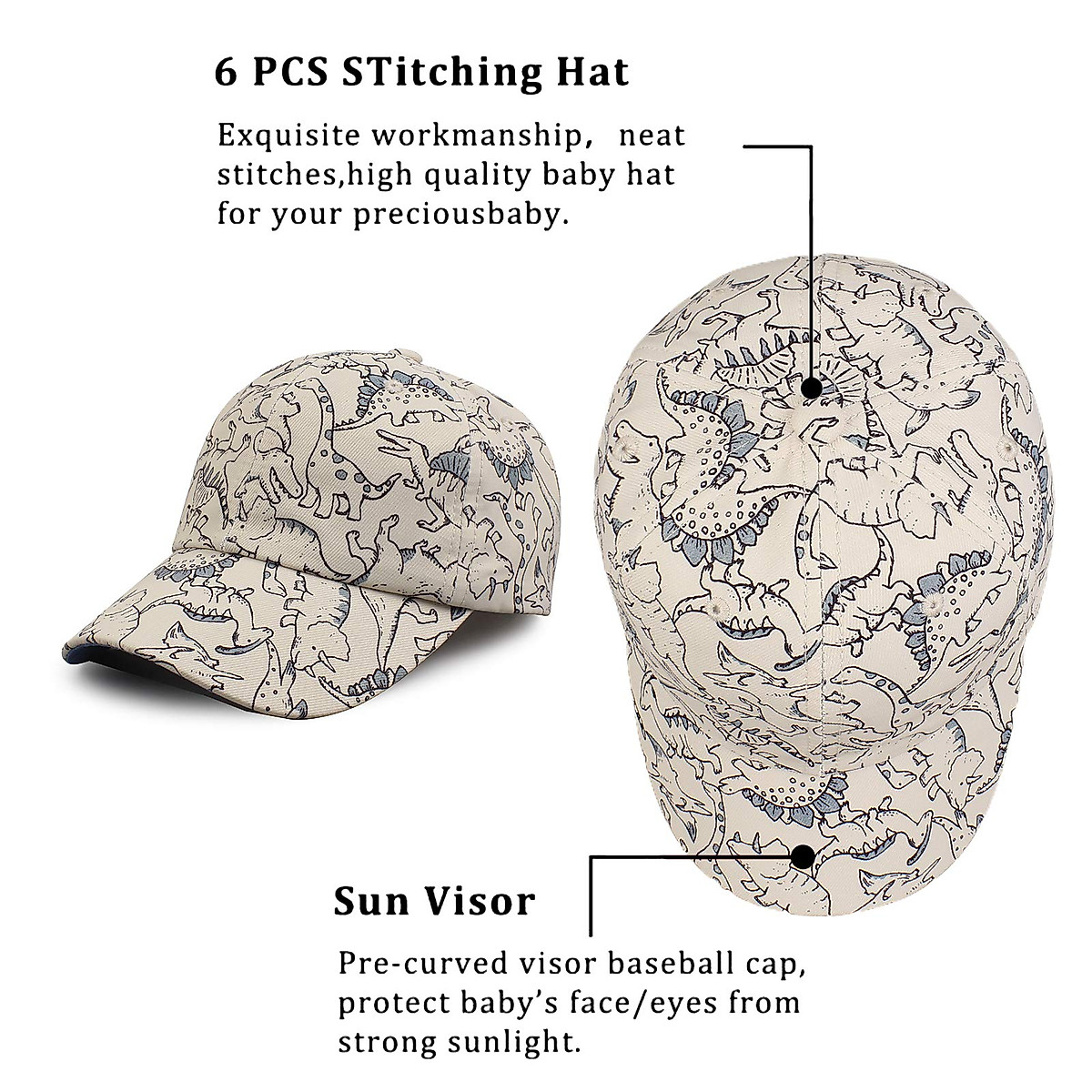 JANGANNSA Dinosaur Boys Girls Caps Waterproof Quick-Dry Baseball Caps for Boys Girls Toddler Kids Beach Hat Spring Summer Autumn 2-6Y(Beige Dinosaure,2-6 Years)