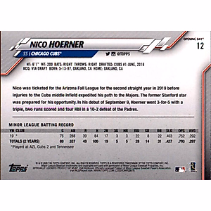2020 Topps Opening Day #12 Nico Hoerner RC Rookie Chicago Cubs MLB Baseball Trading Card