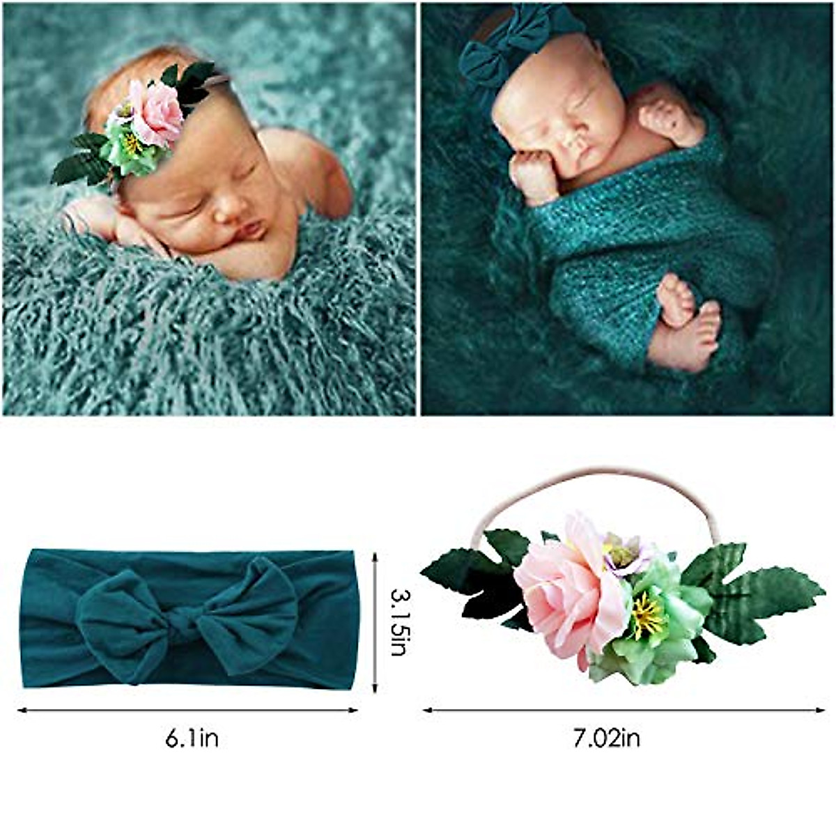 SPOKKI 4 Pcs Newborn Photography Props Outfits- Baby Dark Green Long Ripple Wrap and Toddler Swaddle Blankets Photography Mat with Cute Headbands for Infant Boys Girls(0-12 Months)