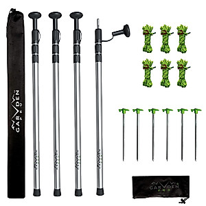 Telescoping Tarp Poles | Replacement Canopy Adjustable Aluminum Rods, Portable & Lightweight for Tent Fly, Awning, Outdoor Camping, Hiking, Backpacking & Rainfly + Pegs & Reflective Ropes