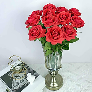 HUAHUASHIJIE 12 Stems Artificial Flowers Silk Roses Fake Flowers Bridal Wedding Bouquet，Realistic Blossom Flora for Home Garden Party Hotel Office Decoration (Red)