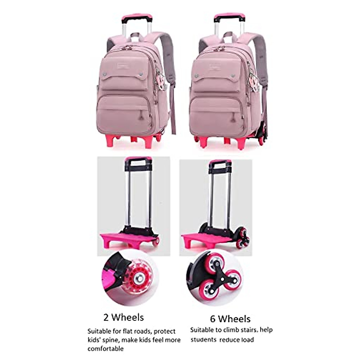 Rolling Backpack for Boys and Girls with Wheels Solid Color Kids Wheeled Bookbag Trolley School Bag for Women