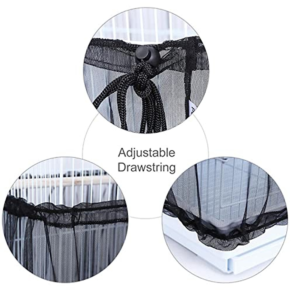 ERDONG Bird Cage Cover, Adjustable Bird Cage Seed Catcher Birdcage Skirt Nylon Mesh Net Guard for Parrot Parakeet Macaw Round Square Cages, Ventilate Dustproof (Black)