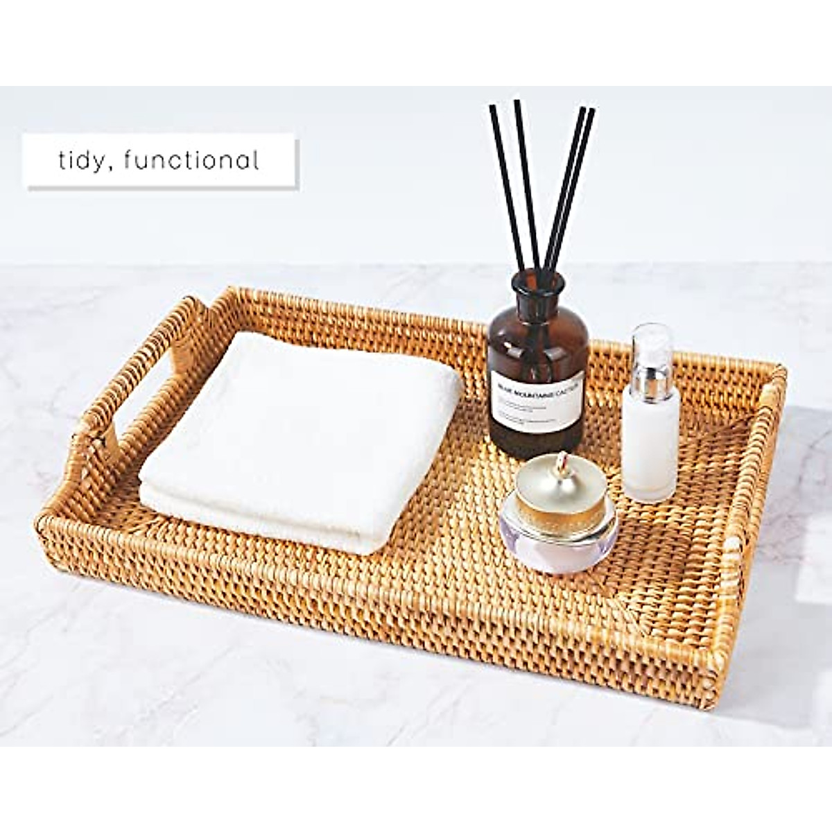 Large Rattan Tray with Rattan Coasters - Premium Flat Rectangular Serving Tray with Handles, Wicker Basket Tray 17''x11.4''x2'' Hand Woven Decorative Bed Tray for Coffee Table, Boho Tray by LYSCO