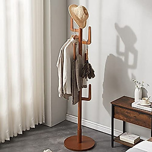 TinyTimes Wooden Coat Rack Free Standing, Cactus Shape, Sturdy Rustic Hall Tree Coat Tree Coat Hanger with 6 Hooks, for Coat, Hat, Clothes, Scarves, Handbags, Umbrella - Dark Brown