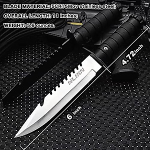 Wlikn Fixed Blade Knife with Sheath, 5-Inch Strong Single Edge Blade Survival Bowie Knife with Non-Slip Handle, for Camping, Hunting, and EDC, Multi (White)