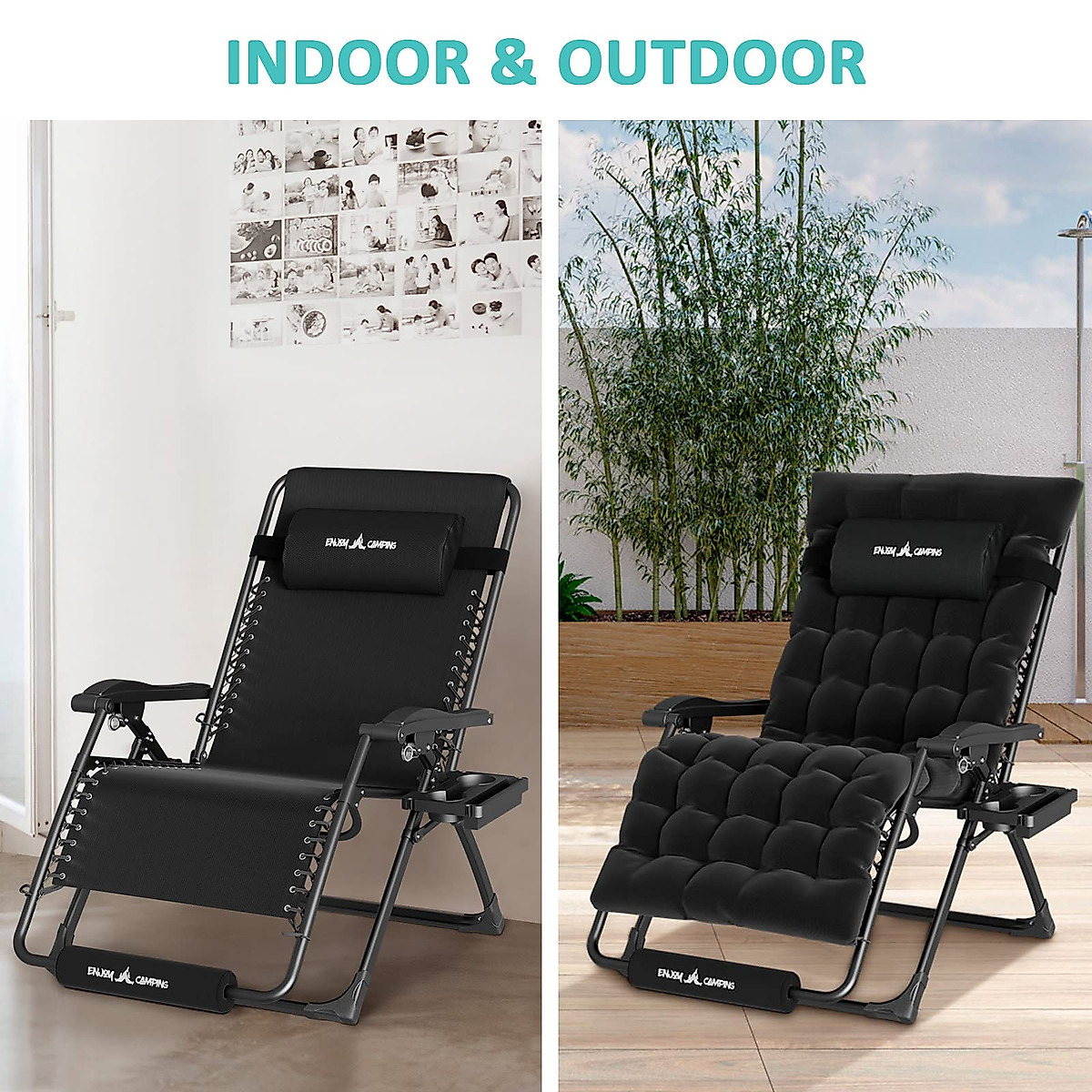 Amopatio Oversized Zero Gravity Chair with Cushion for Indoor & Outdoor, XXL 33In Patio Folding Reclining Lounge Chair with Tray/Footrest/Headrest, Black