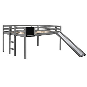 Harper & Bright Designs Full Loft Bed with Slide for Kids Wood Low Loft Bed with Chalkboard, Ladder, Guardrail, Kids Loft Bed Frame for Livingroom, Bedroom, Guest Room (Full, Grey)