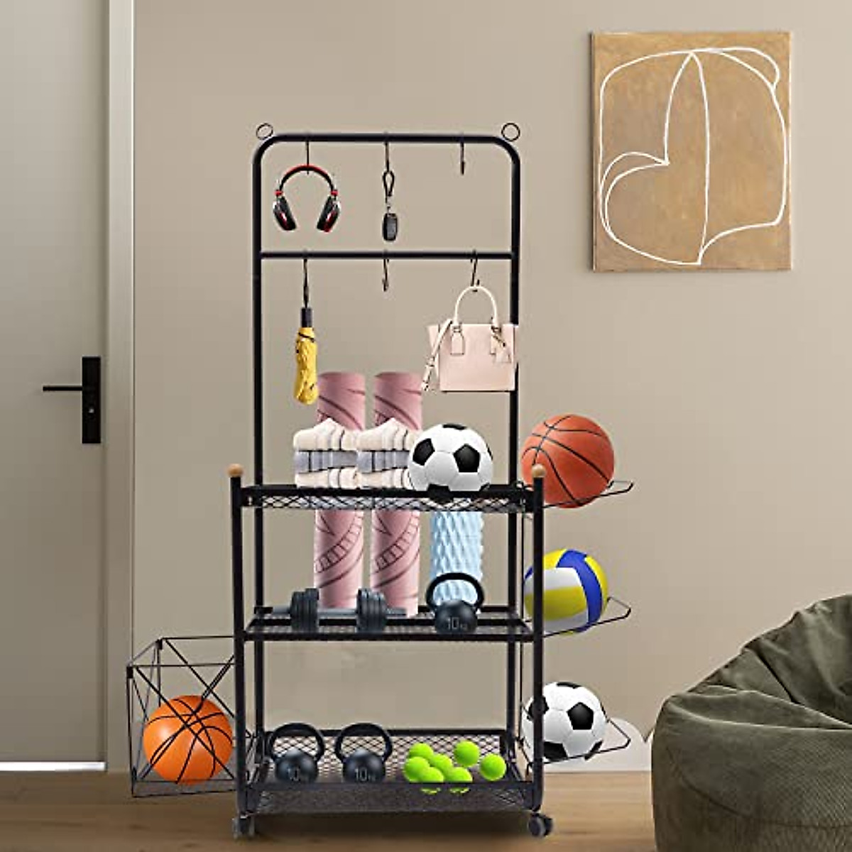 ZHFEISY Sports Equipment Storage Rack 3-Tier Sports Equipment Storage for Garage Garage Storage System with Wheels for Game Room Garage Yard