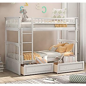 Harper & Bright Designs Bunk Beds Twin Over Twin, Twin Bunk Bed with Sotrage Drawers , Wooden Bunk Bed with Safety Rail Ladder,Can be Convertible to 2 Beds,White