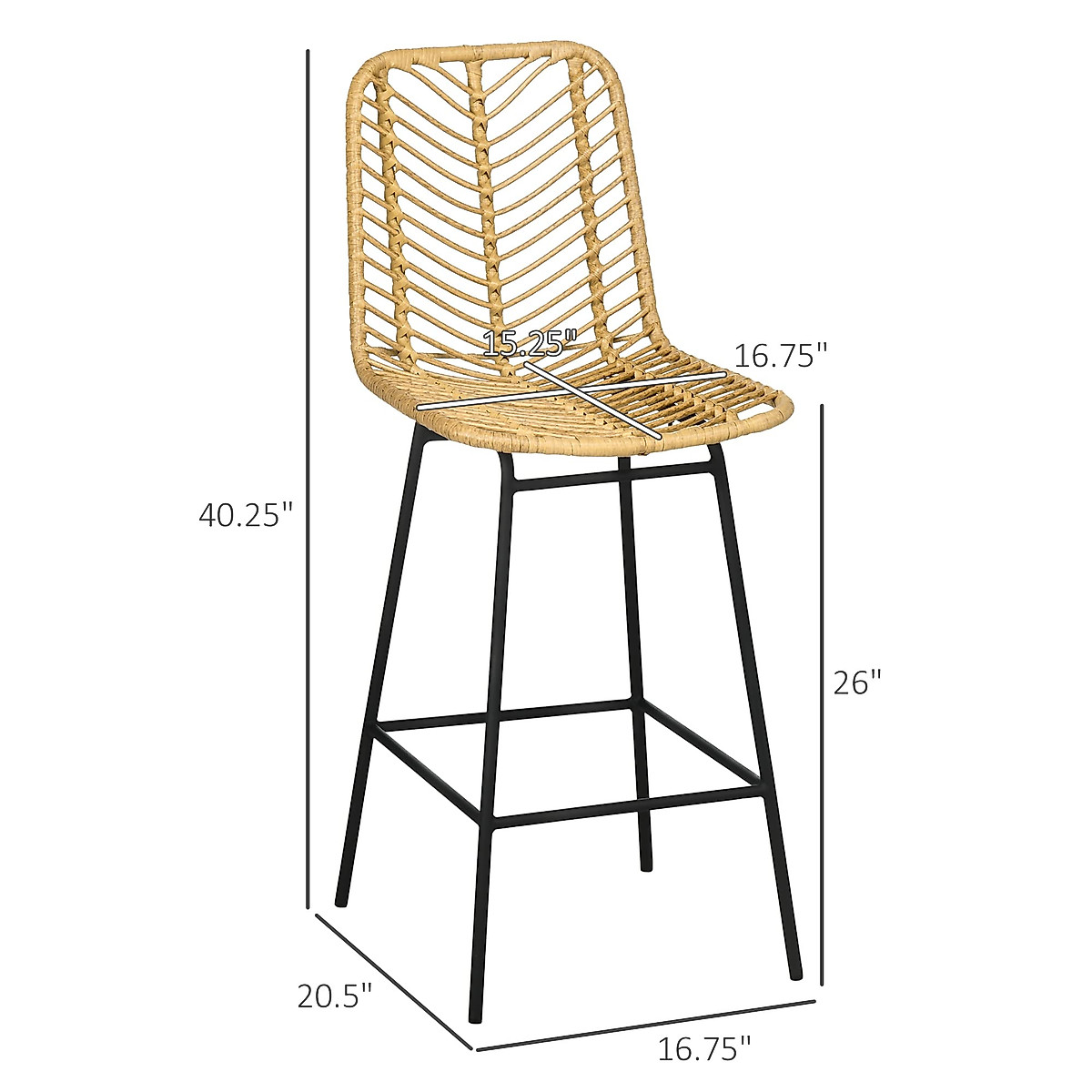 HOMCOM Modern Rattan Bar Stools, Breathable Steel-Base Wicker Counter Height Barstools for Kitchen Counter, Set of 2, Yellow
