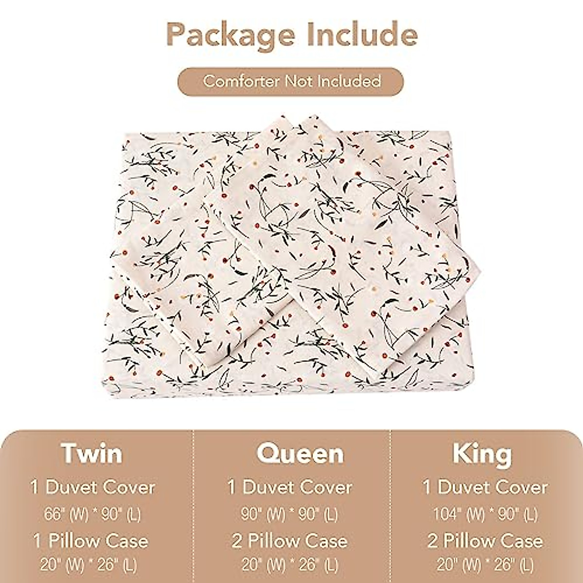 Lekesky Cotton Duvet Cover Queen Size - 100% Washed Cotton Beige Floral Duvet Cover Set for All Season, Soft and Breathable Bedding Set with Zipper Closure & Corner Ties