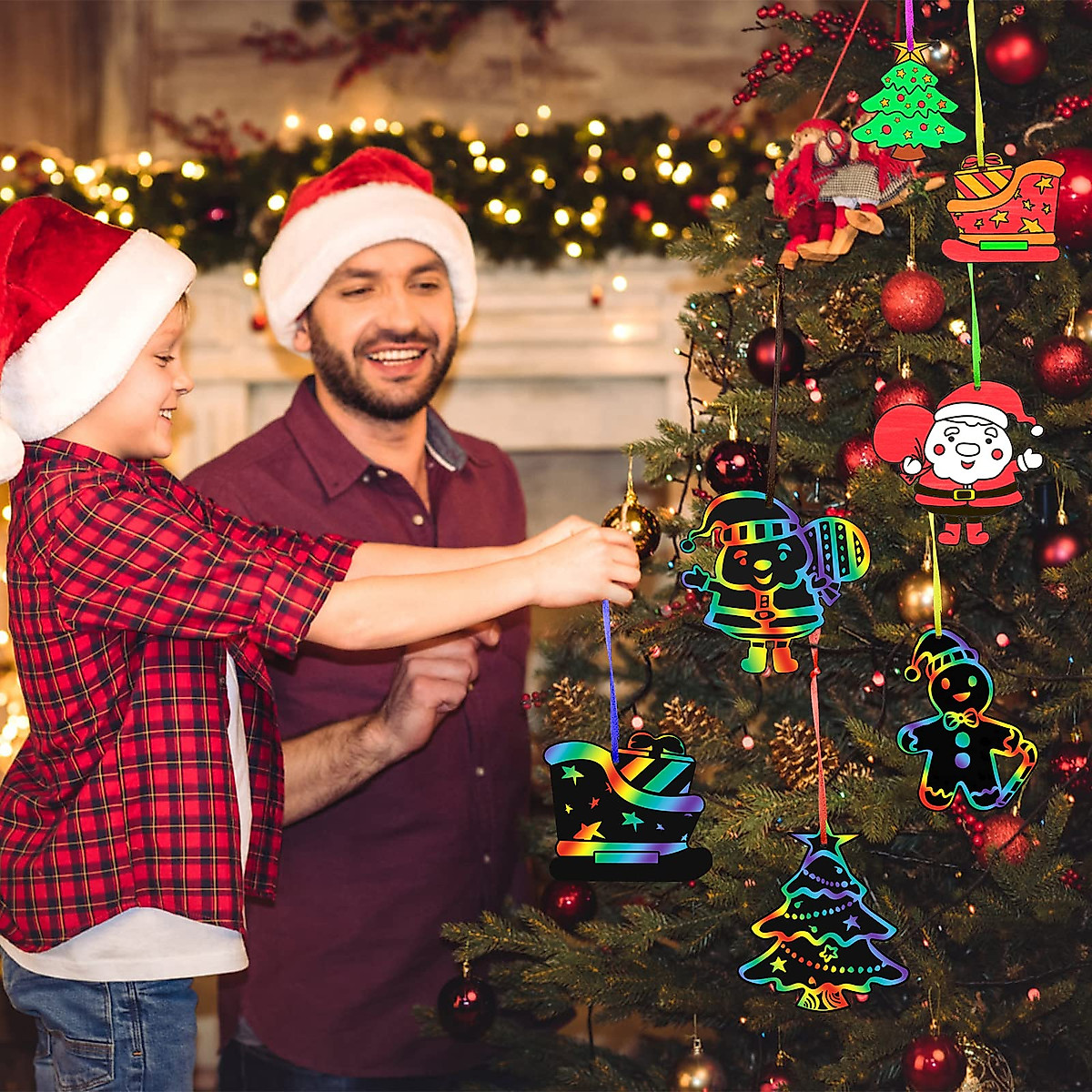 Max Fun Christmas Crafts Scratch Art for Kids, 48PCS Magic Rainbow Scratch Off Paper Cards, Christmas Ornaments Hanging Art for Kids Party Favors Supplies, Stocking Stuffers Educational Toys