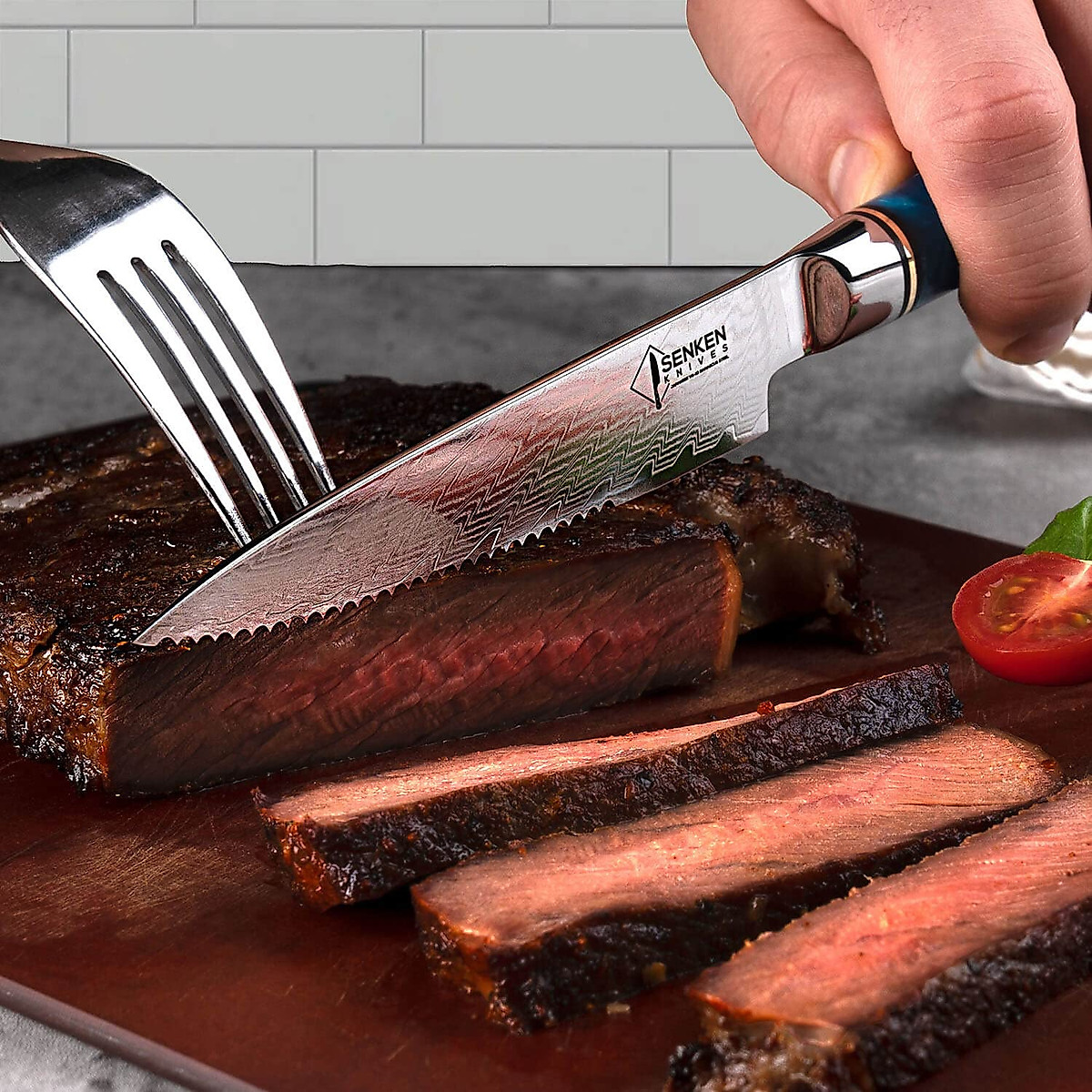 SENKEN Damascus Steak Knife Set - Tsunami Collection - 67-Layer Japanese VG10 Steel - Razor Sharp Serrated Blades, Blue Resin & Natural Wood Pattern Handles, Luxury Gift Box (6 Steak Knife Set)