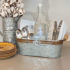 Stonebriar Small Aged Galvanized Metal Oval Bucket with Rust Trim and Wooden Handle, Country Rustic Home Decor, for Centerpiece, Office Organization, Bathroom Storage, or Party Decorations