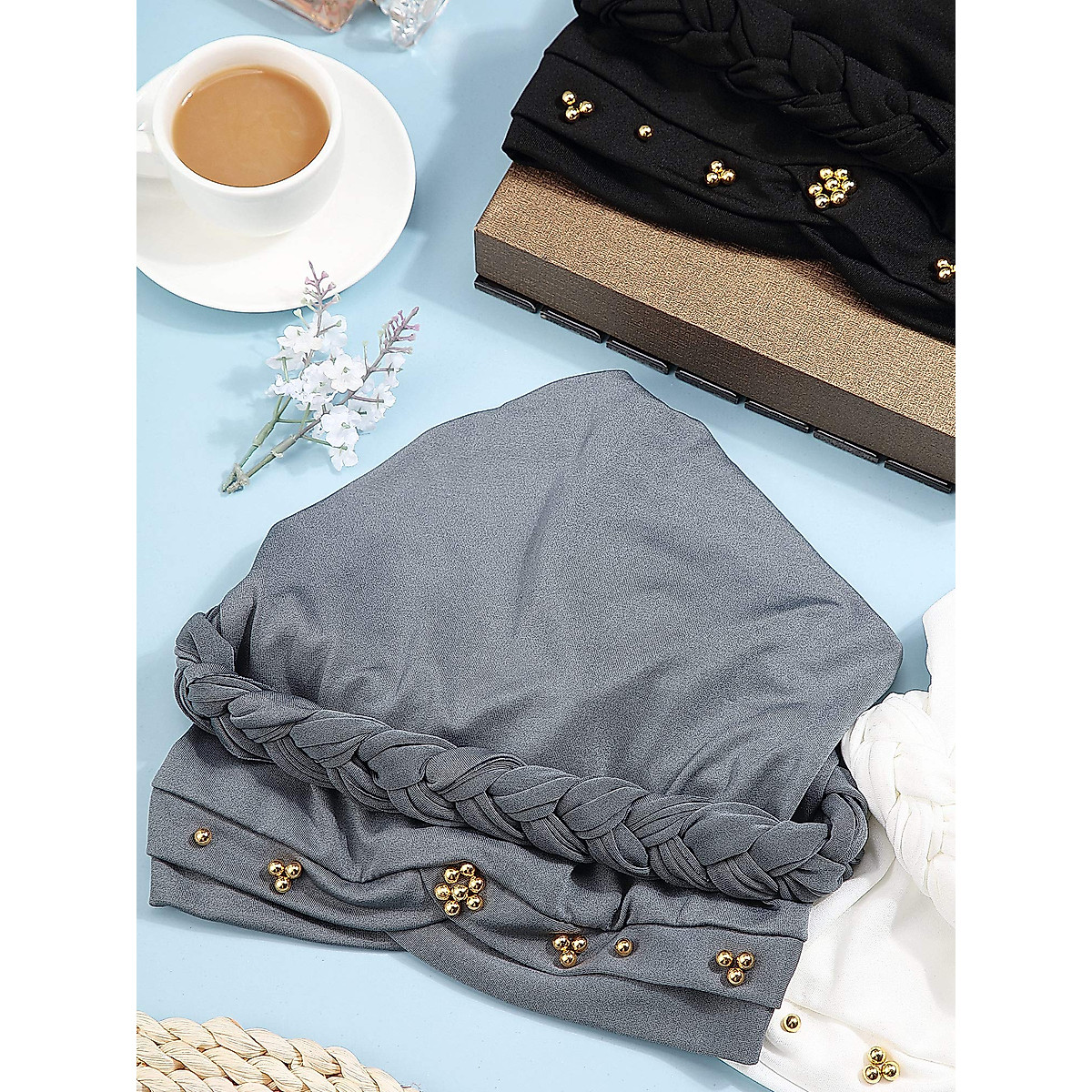 4 Pieces African Women Turban Cap Head Wraps Beaded Headscarf Beanie Wrap (Black, Grey, White, Red,Bead Style)