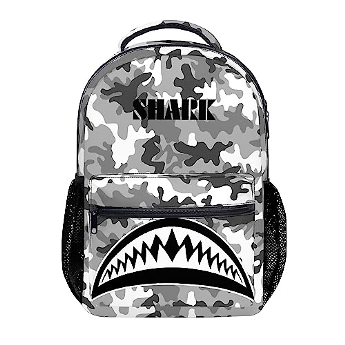 Cbntnaf Shark Camo Backpack for Women Men, Gray Camo Shark Teeth Print Bookbag for Boys Girls, Large Capacity Lightweight Backpack for School Work Camping Hiking